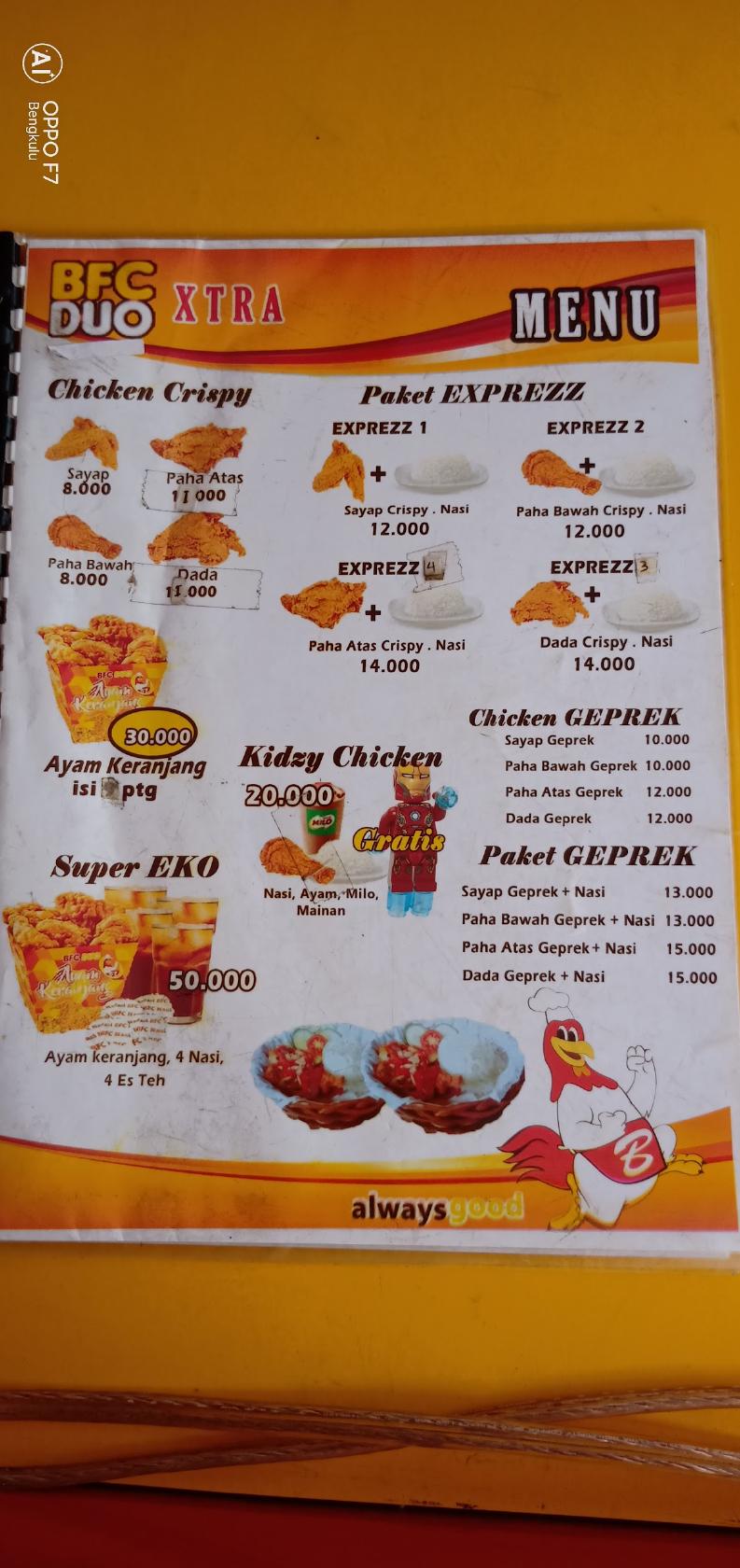 Menu at BFC Duo Xtra restaurant, Bengkulu