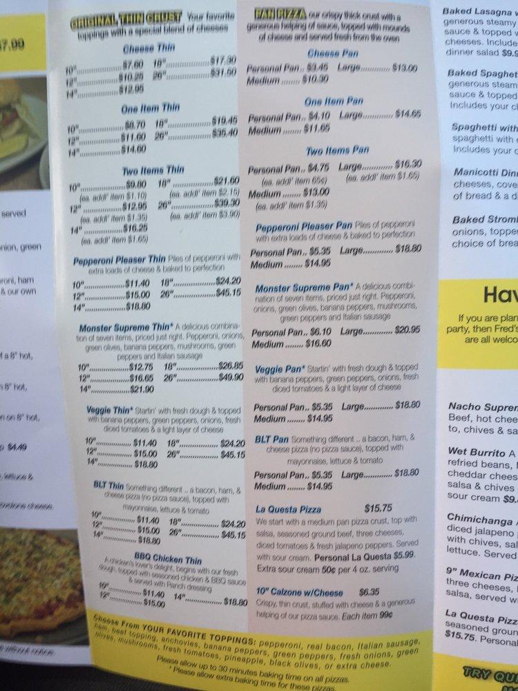 Menu at Fred's Pizza pizzeria, Wheelersburg