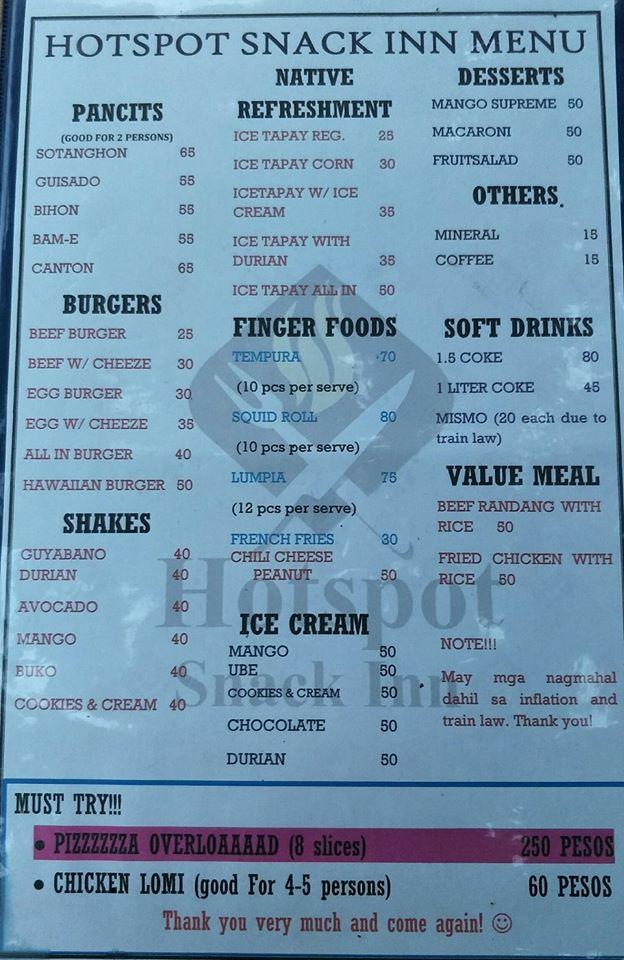 Menu at Hotspot cafe, Balindong