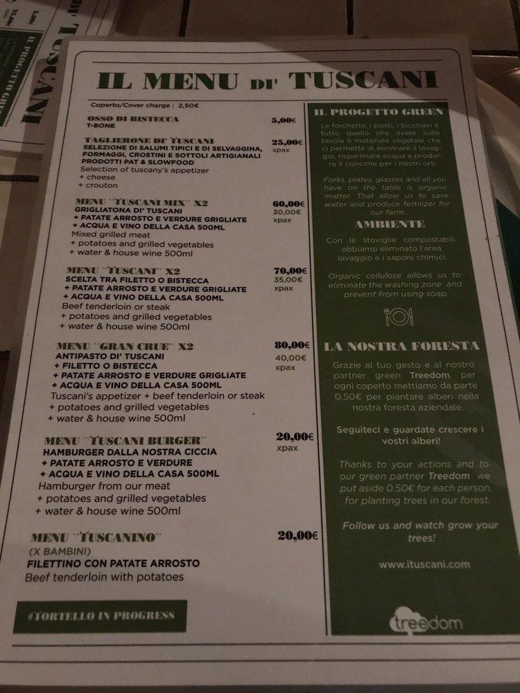 Menu at I'Tuscani 2 steakhouse, Florence