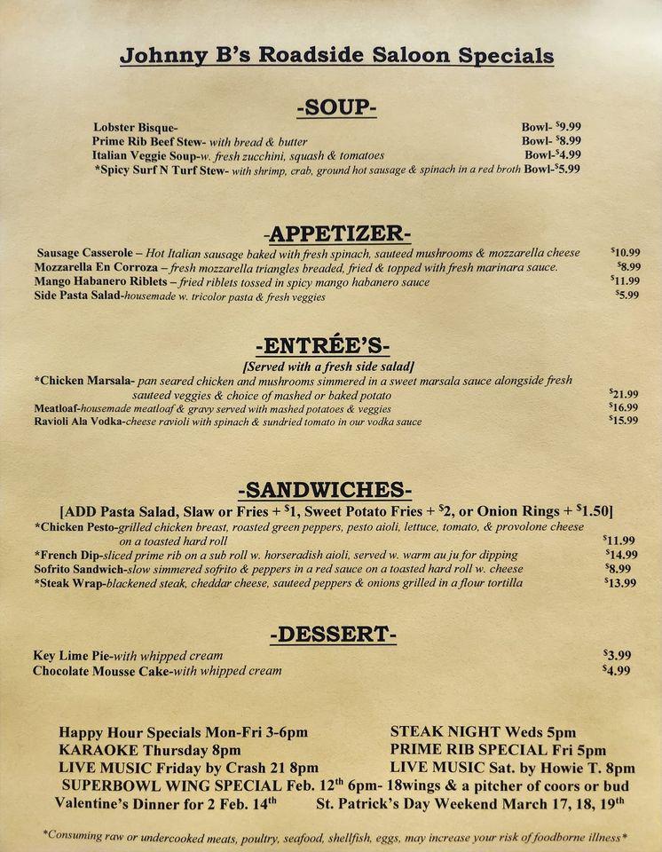 Menu at Johnny B's Roadside Saloon pub & bar, Wolcott