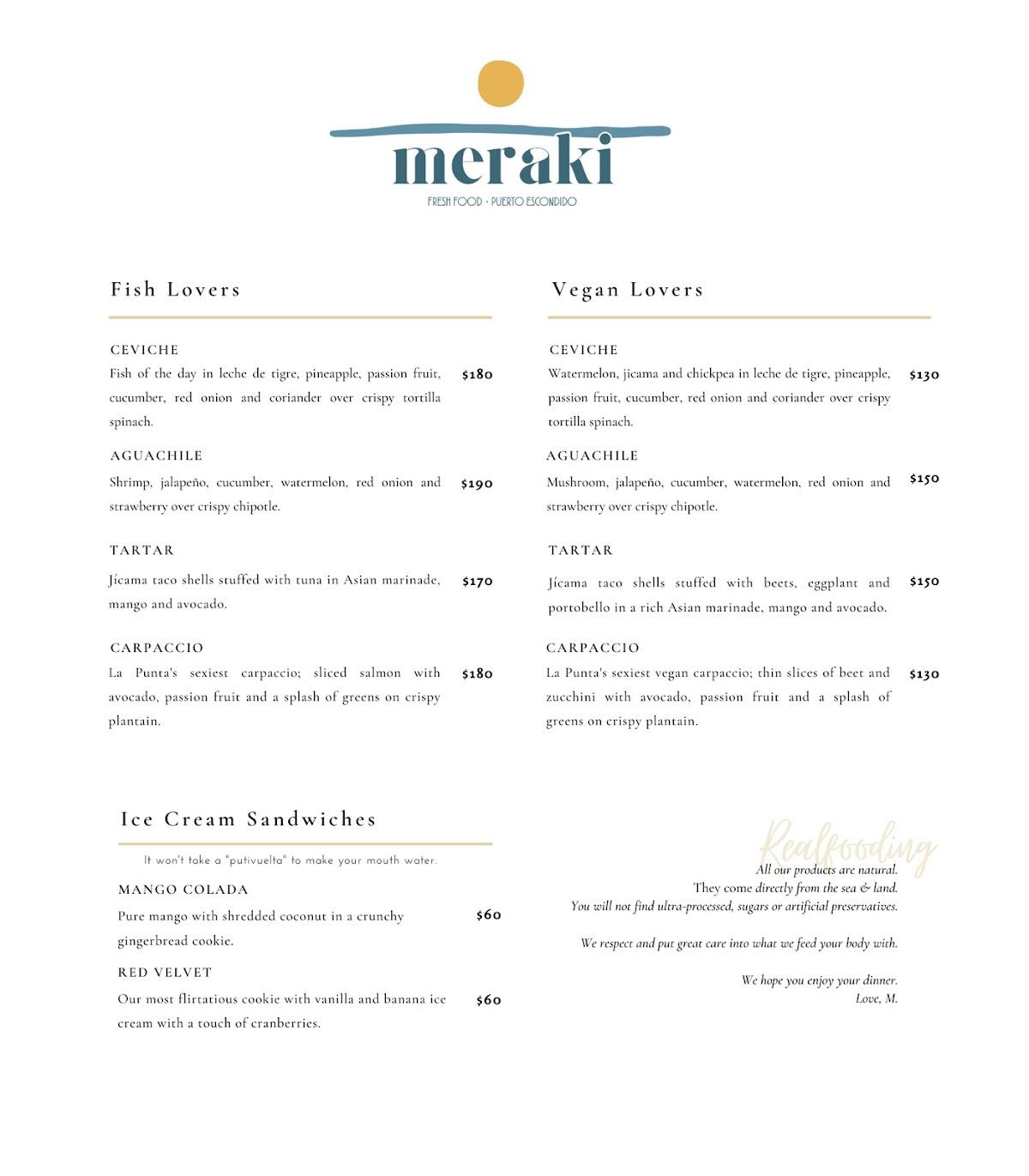 Menu at Meraki Puerto Fresh Food restaurant, Puerto Escondido