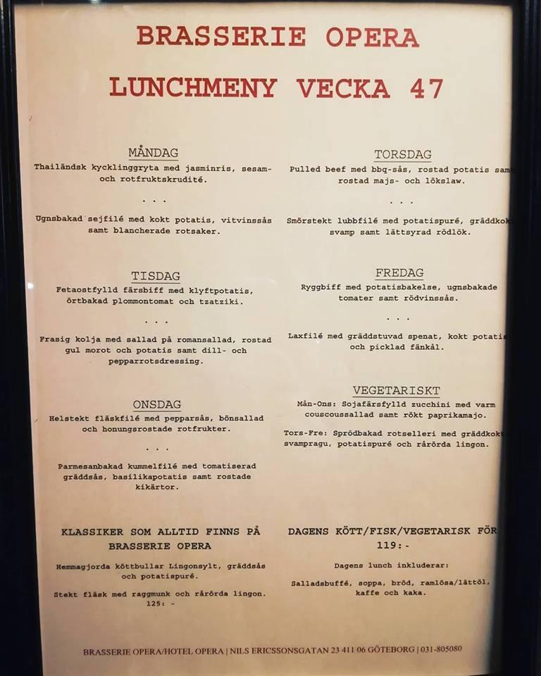 Menu at Brasserie Opera, Gothenburg