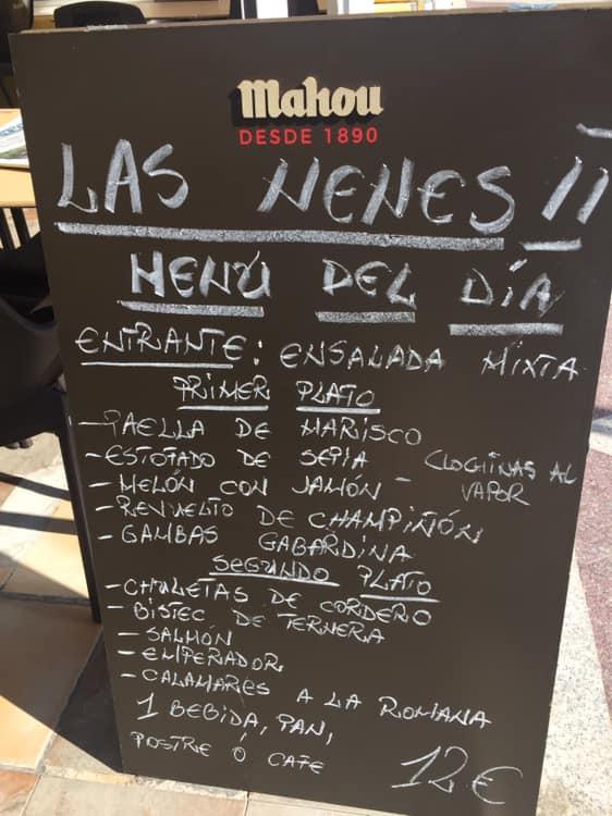 Carta de Restaurante las Nenes, Los Arenales del Sol