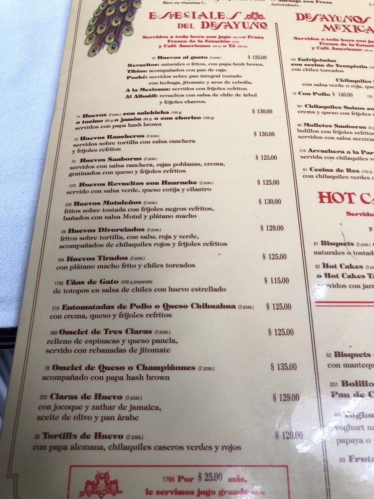 Menu at Sanborns Madero cafeteria, Mexico City, Av Francisco I. Madero 4