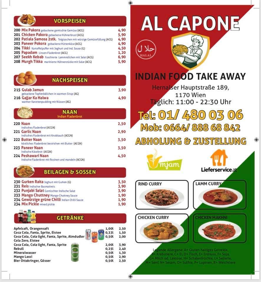 Menu at Al Capone restaurant, Vienna, Hernalser Hauptstraße 189