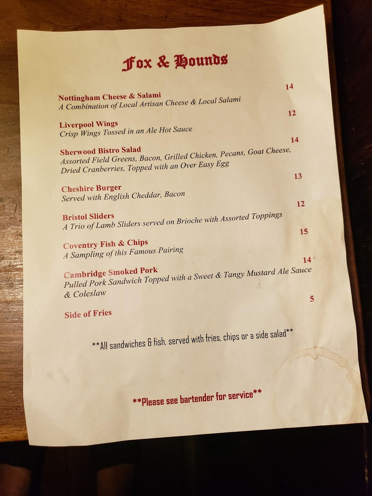Menu at Fox & Hounds Tavern pub & bar, Clayton