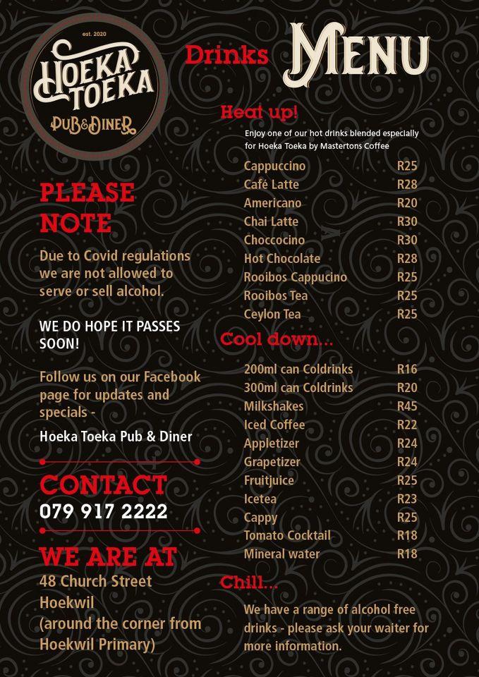 Carta de Hoeka Toeka Pub & Diner, Wilderness