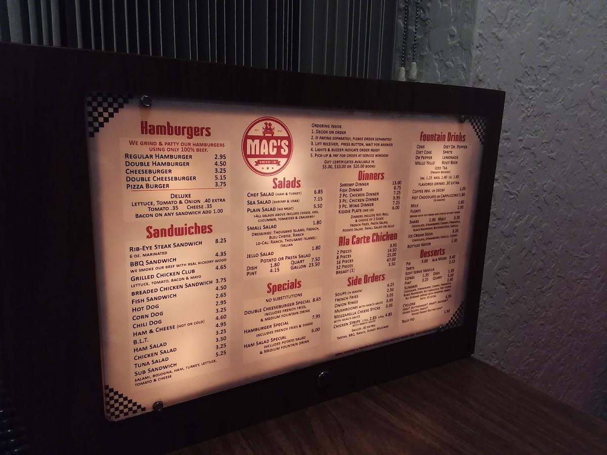 Menu at Mac's Drive-In restaurant, McCook