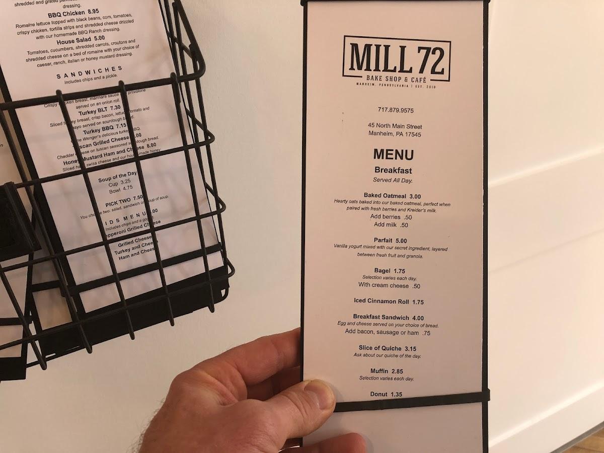 Menu at Mill 72 Bake Shop & Cafe, Manheim