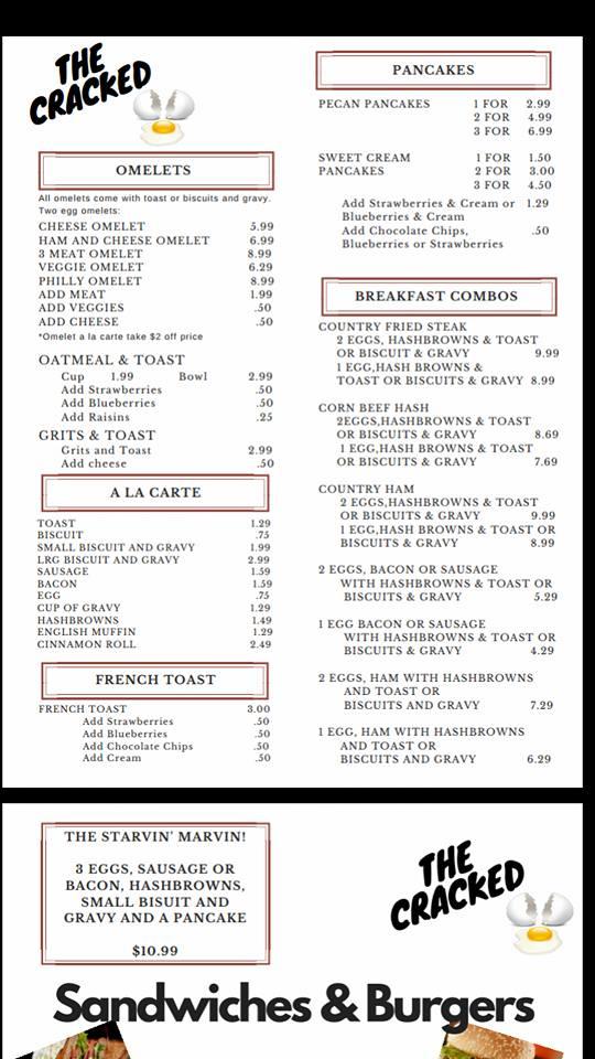 Menu at The Cracked Egg restaurant, Mountain Home