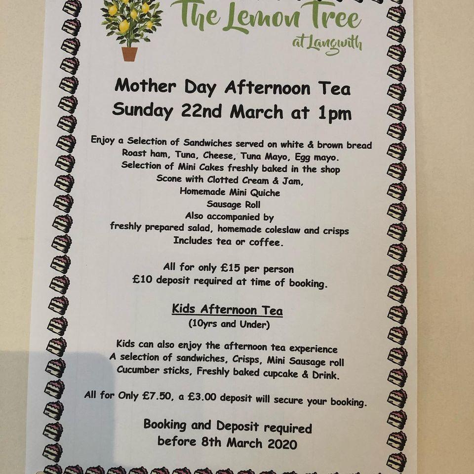 Menu at The Lemon Tree at Langwith cafe, Langwith