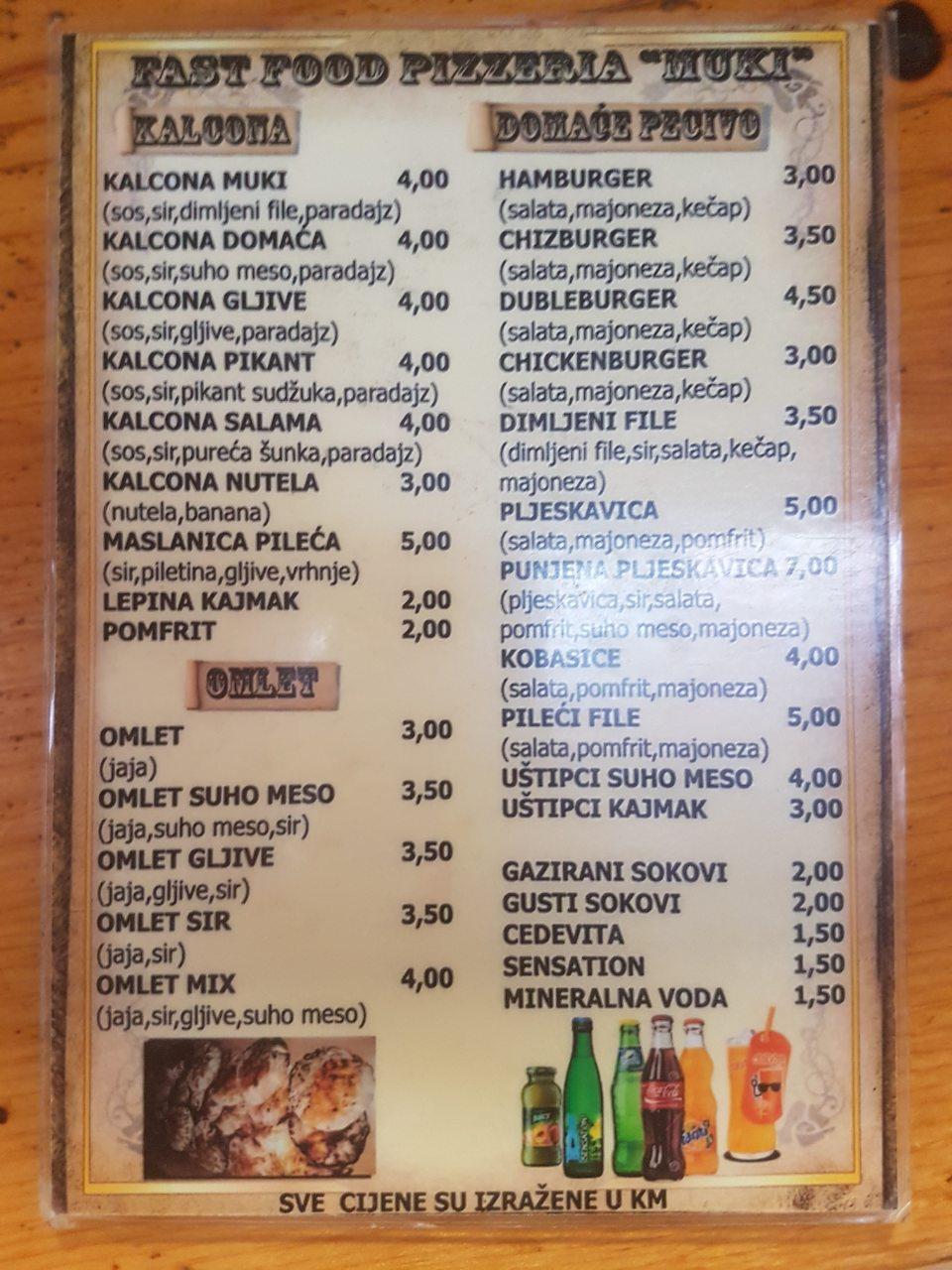 Menu at Fast Food Pizzeria "MUKI", Vogošća