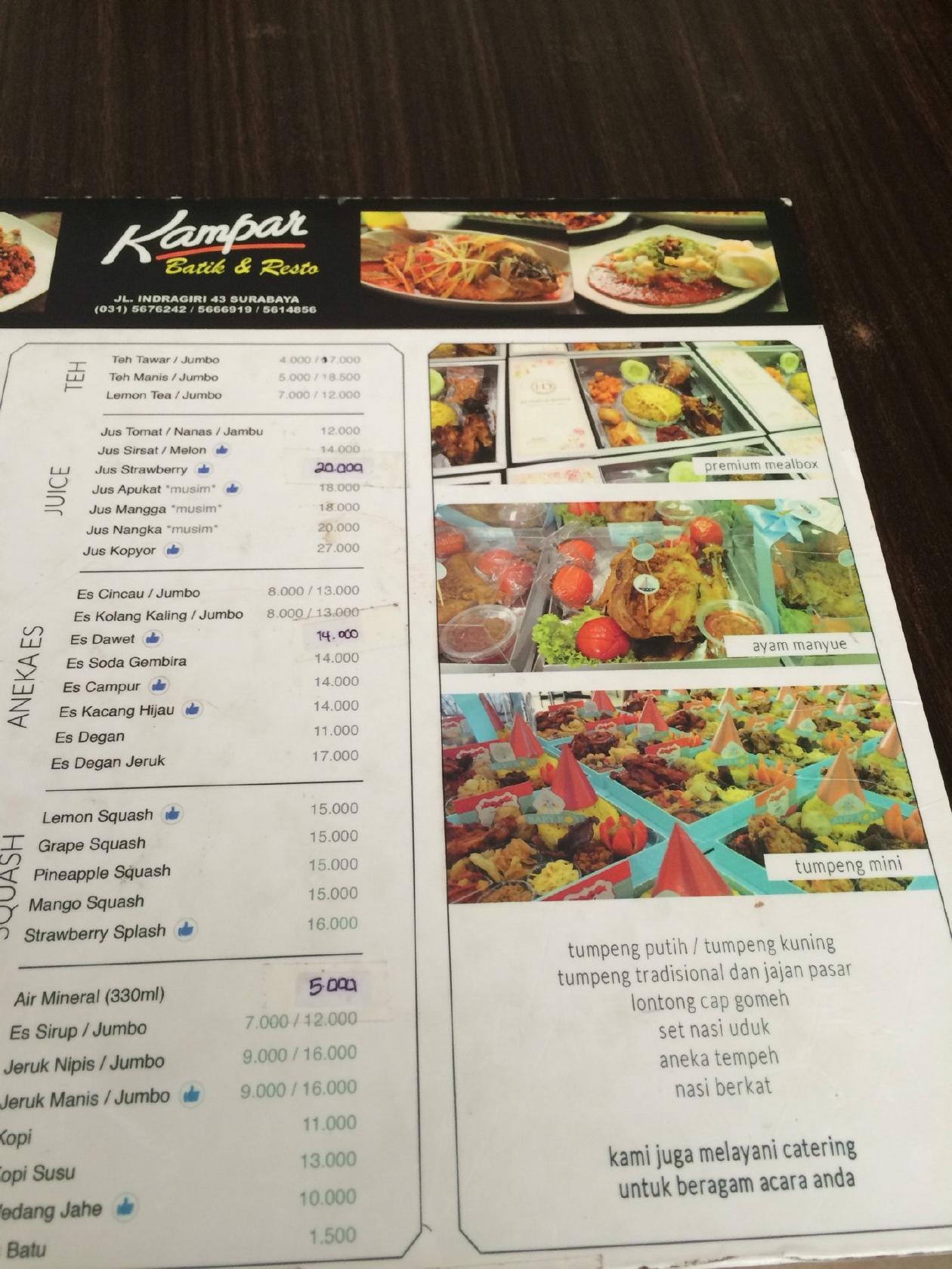 Menu at Kampar Batik and Resto restaurant, Surabaya, Jl. Indragiri No.43