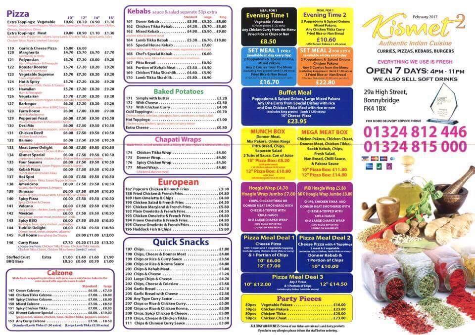Menu at Kismet fast food, Bonnybridge