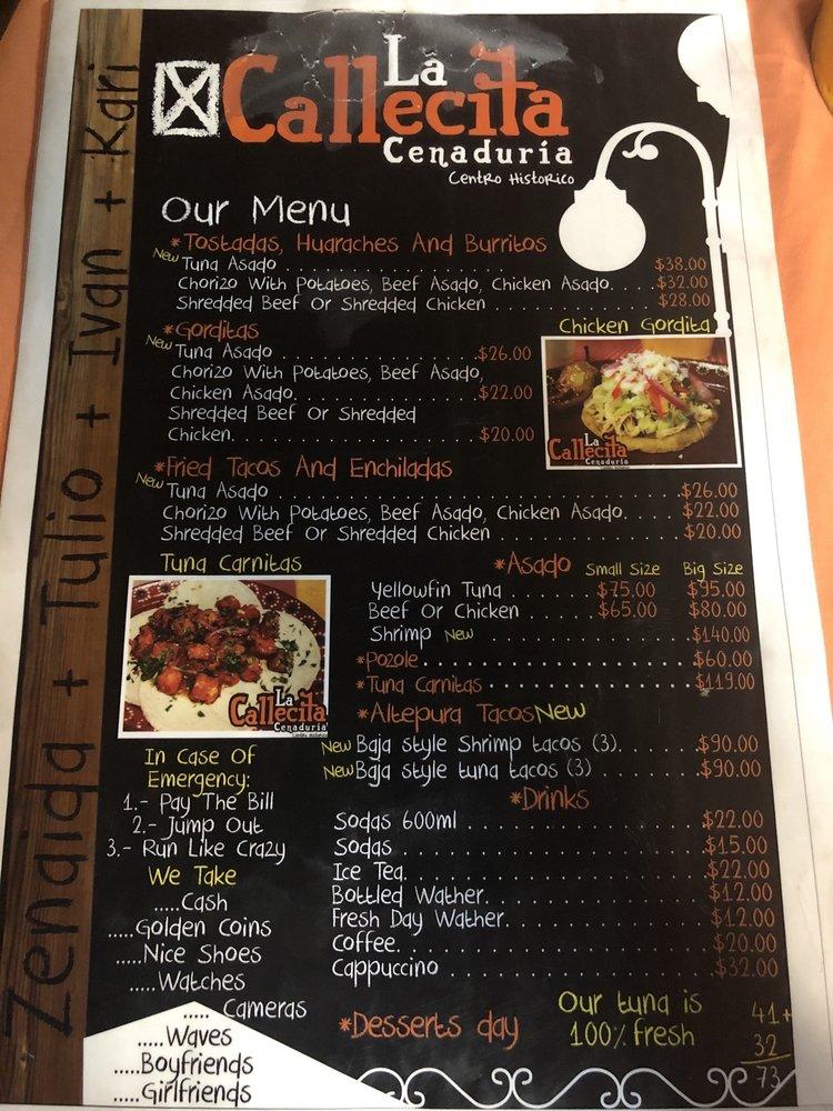 Menu at La Callecita Cenaduría restaurant, Mazatlán