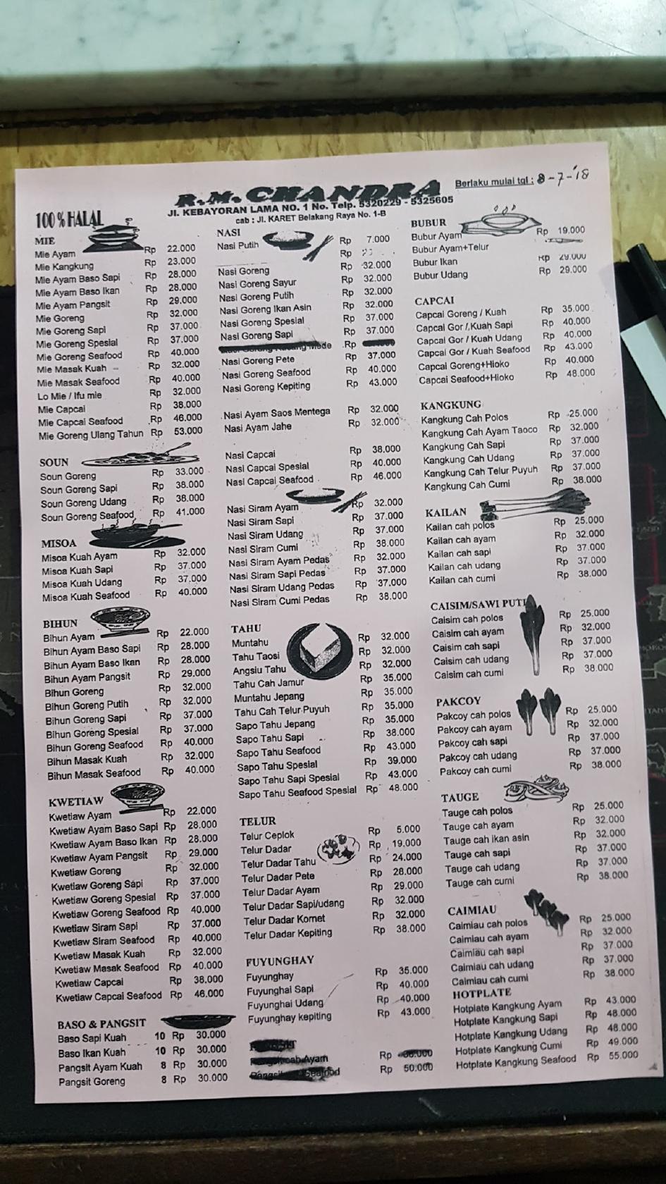 Menu at RM. Chandra 2 Kebayoran lama restaurant, West Jakarta, Jl. Raya ...