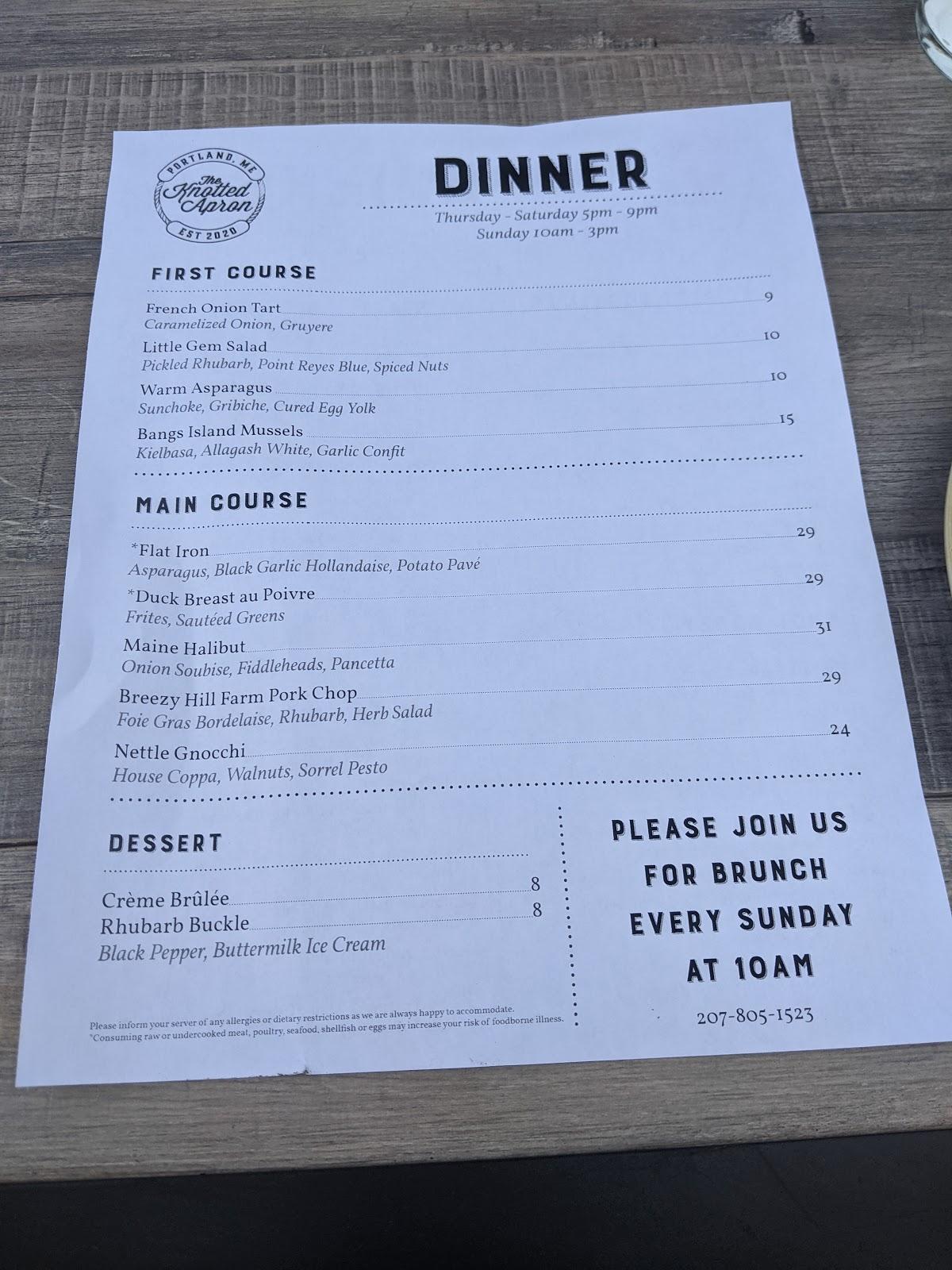 Menu at The Knotted Apron pub & bar, Portland