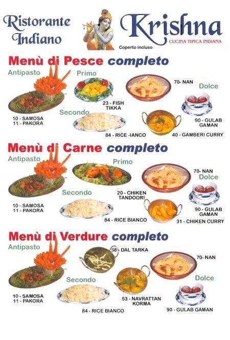 Menu da Krishna ristorante, Trieste