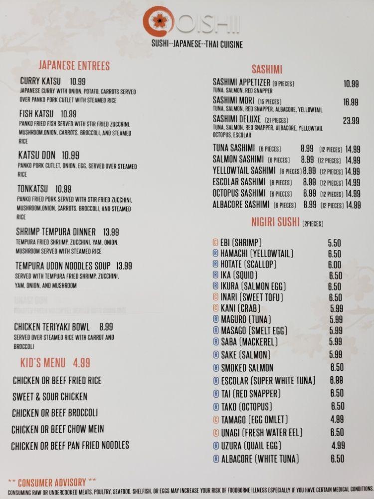 Menu at Oishii Japanese Thai Restaurant, Clovis