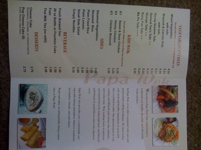 Menu at Papa Wok restaurant, Muscle Shoals, E Avalon Ave
