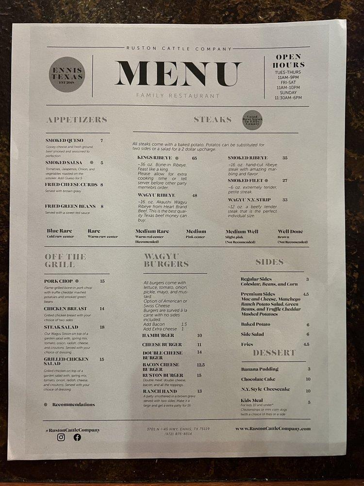 Menu at Ruston Cattle Company steakhouse, Ennis