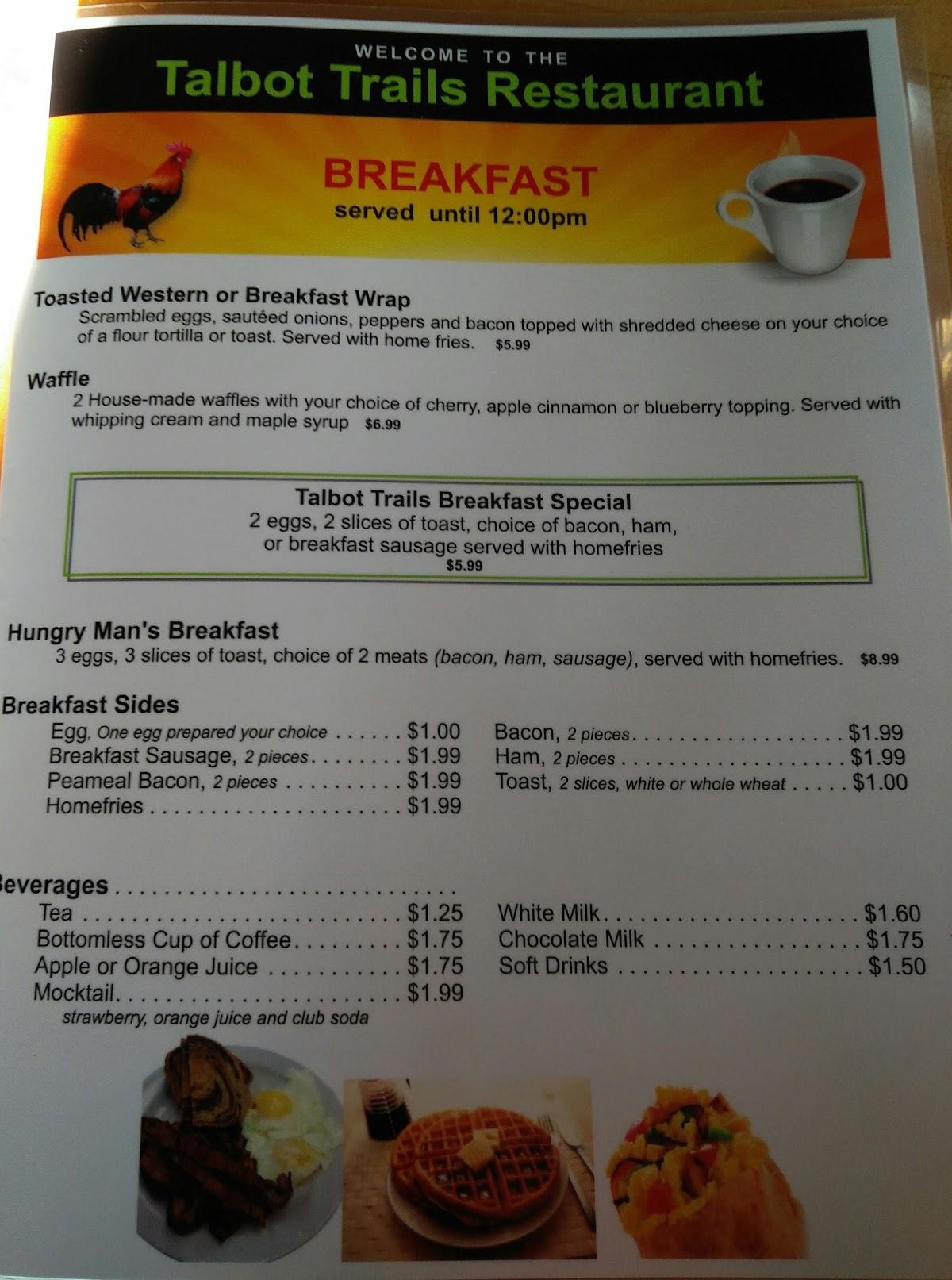 Menu at Talbot Trails Restaurant, Canada