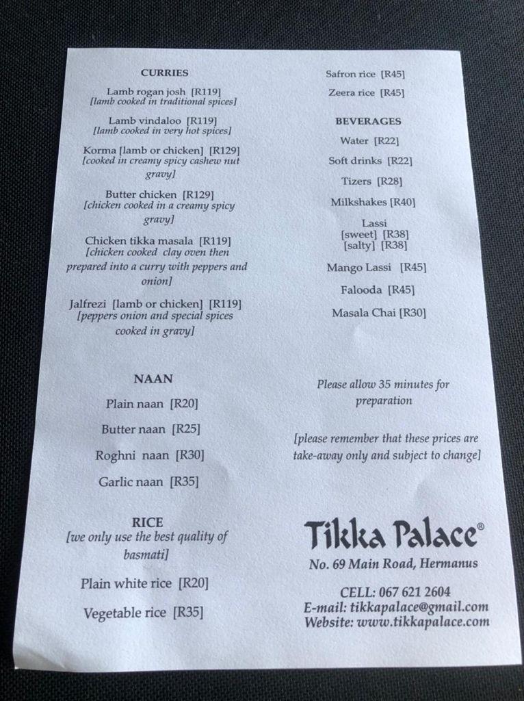 Menu at Tikka Palace restaurant, Cape Town