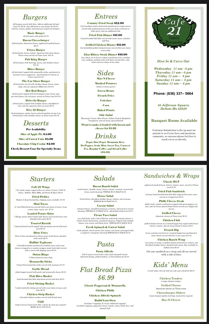 Menu at Cafe 21 and Banquet Room, De Soto