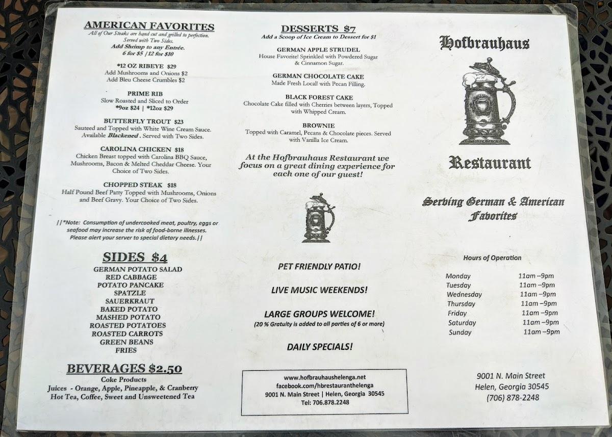 Menu at Hofbrauhaus Restaurant, Helen