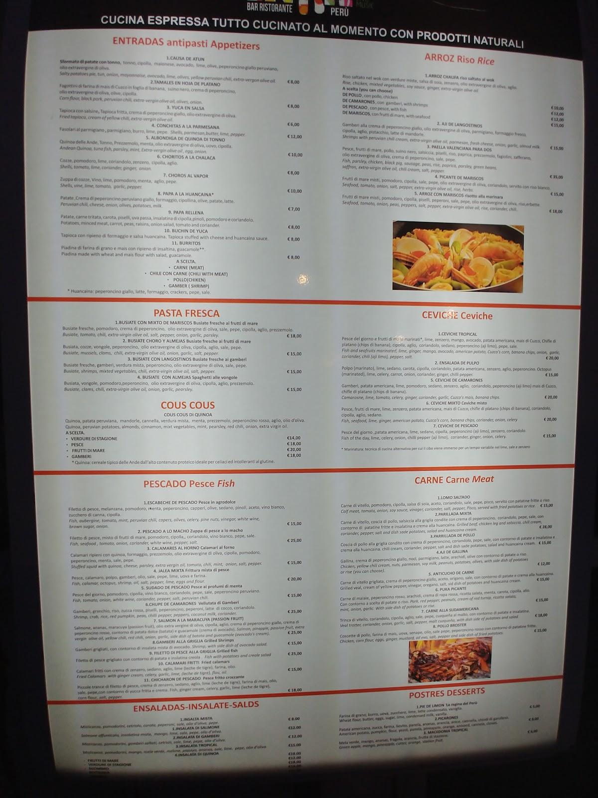 Menu at Inka Wasi restaurant, San Vito Lo Capo