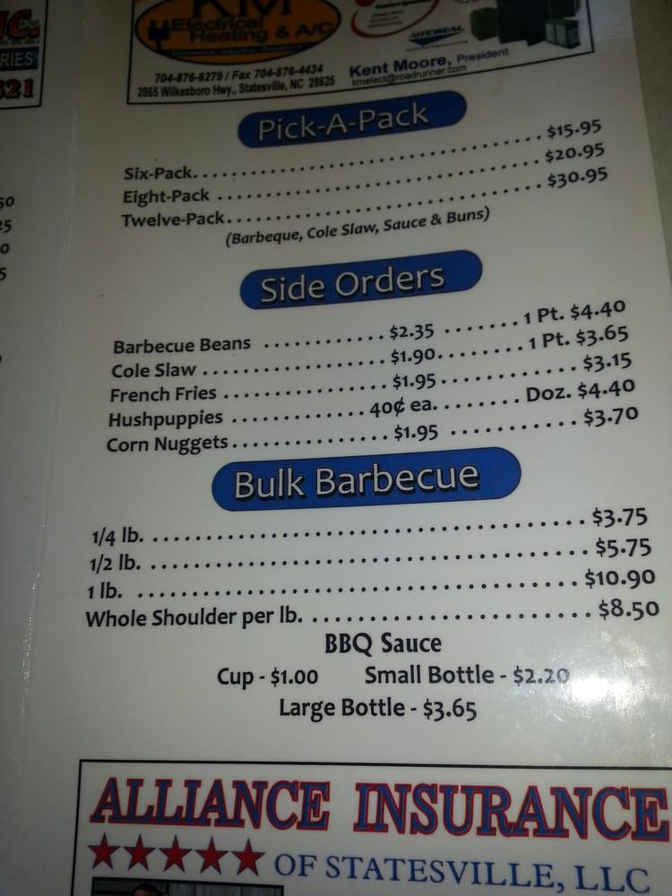 Menu at Little Pigs Barbecue, Statesville