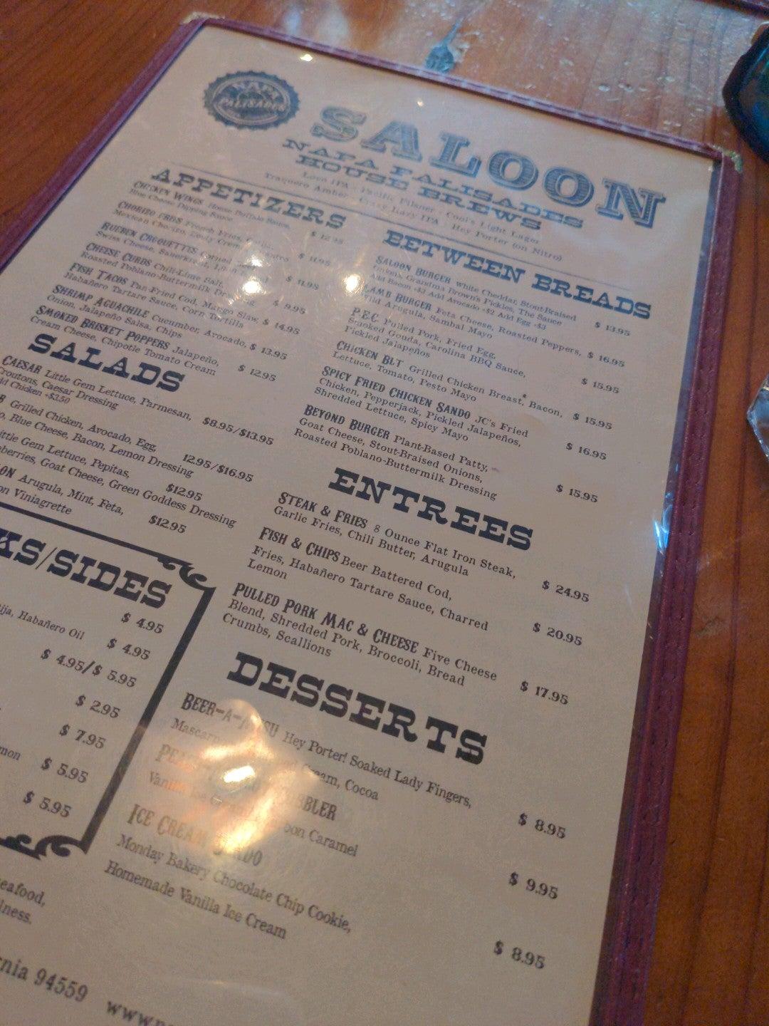 Menu at Napa Palisades Saloon pub & bar, Napa, Main St #100