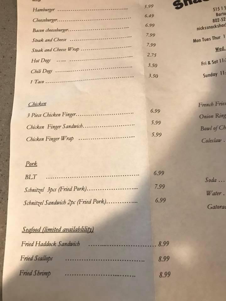 Menu at Nicks Snack Shack fast food, Barton