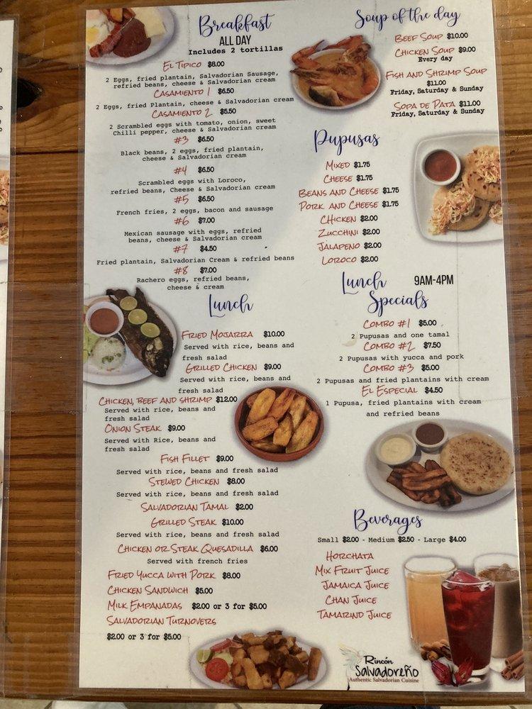 Menu at Rincon Salvadoreño restaurant, Houston, Bellaire Blvd
