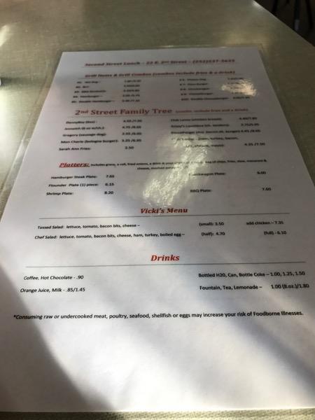 Menu at Second Street Lunch restaurant, Roanoke Rapids
