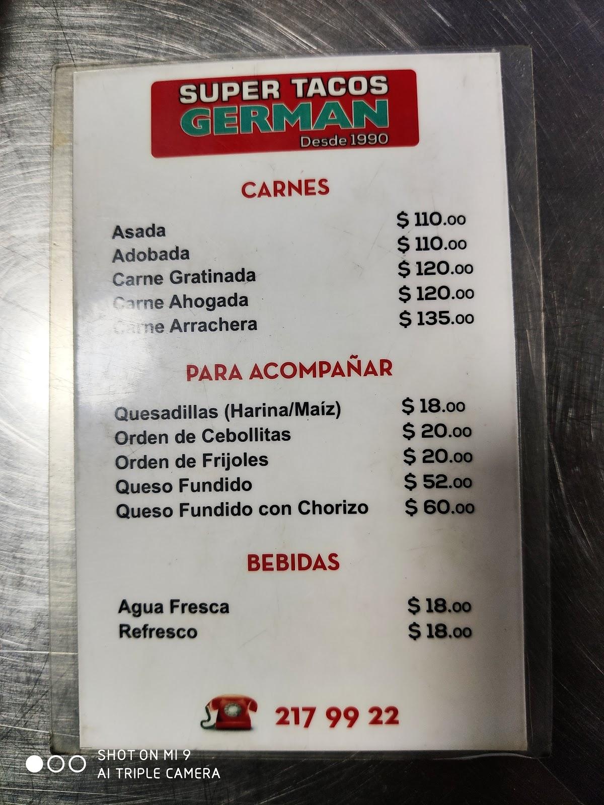 Carta del restaurante Tacos Germán, Tepic, C. Estadios SN