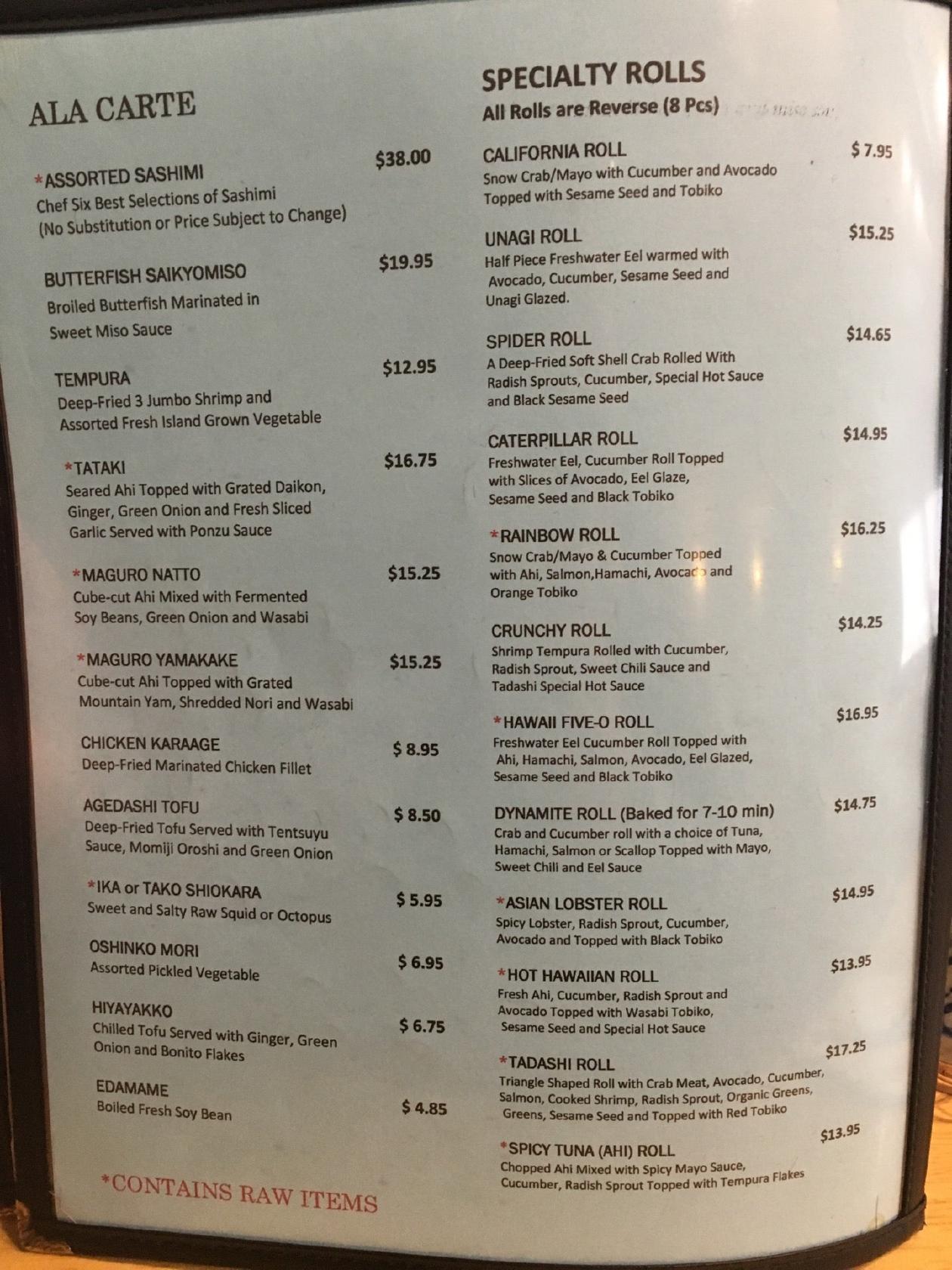 Menu at Tadashi Restaurant, Aiea