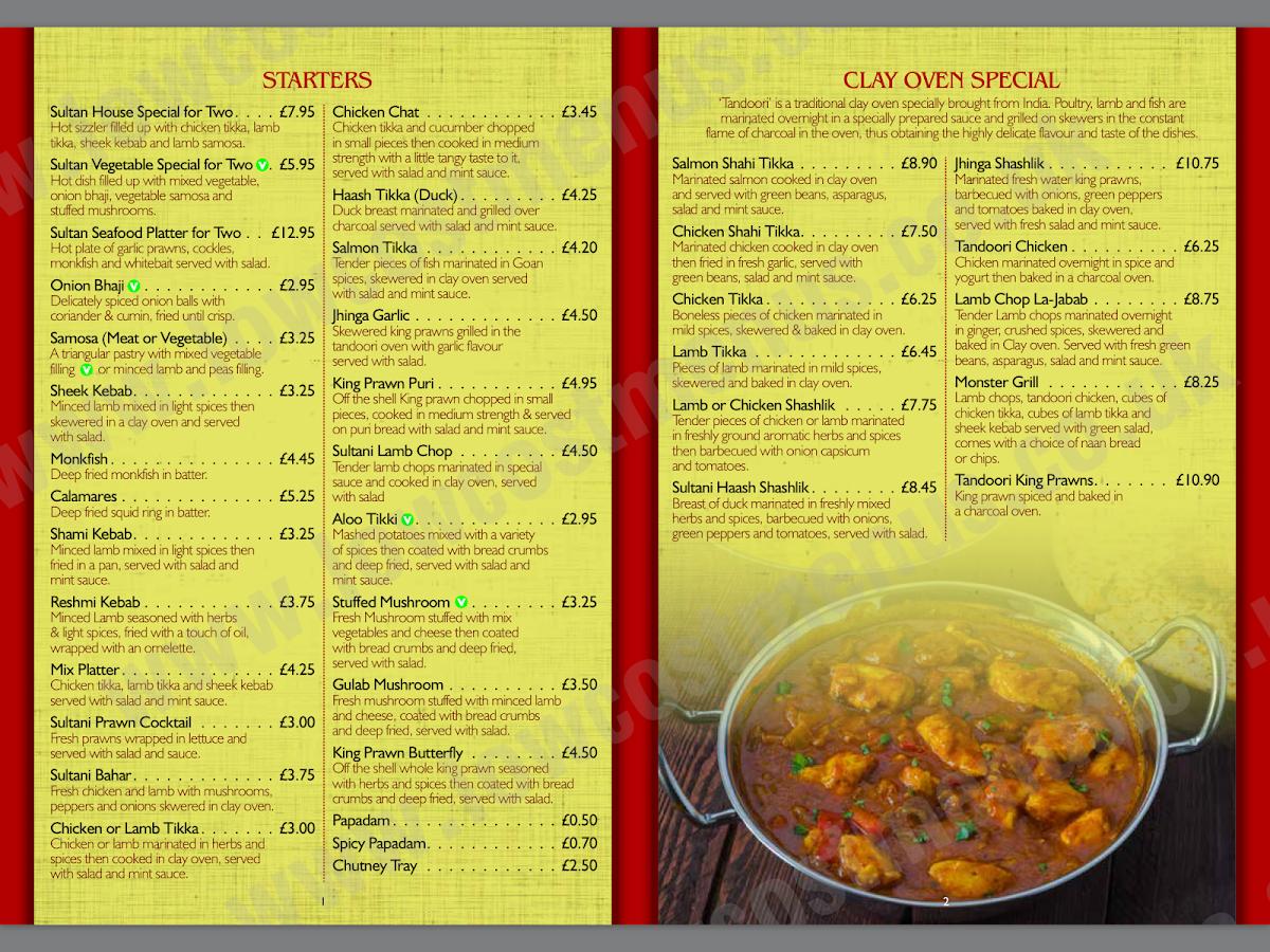 Menu at The Sultan restaurant, Llanelli