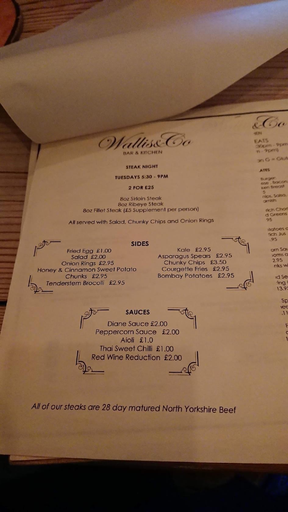 Menu at Wallis & Co pub & bar, Hartlepool