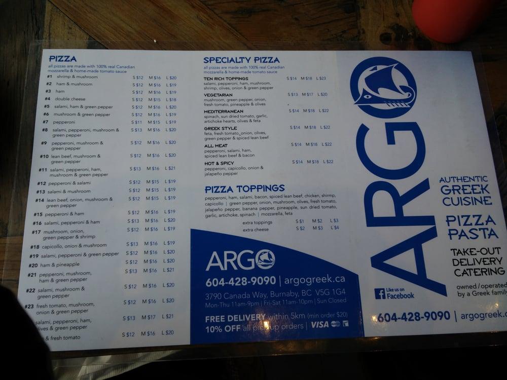 Menu at Argo Greek Cuisine Pizza & Pasta pizzeria, Burnaby