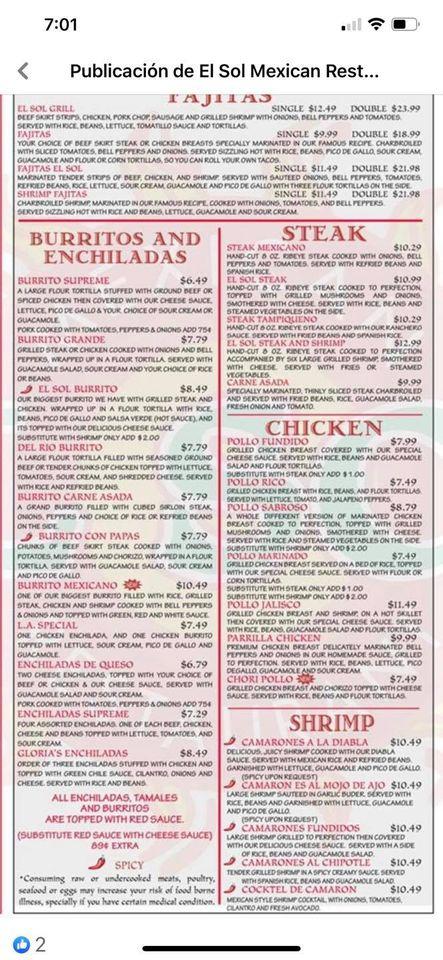 Menu at El Sol Méxican Restaurant, Pine Bluff