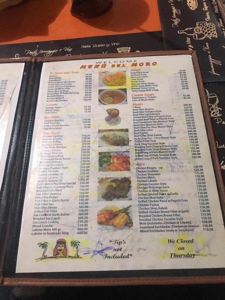 Menu at Restaurante El Moro, San Miguel de Cozumel