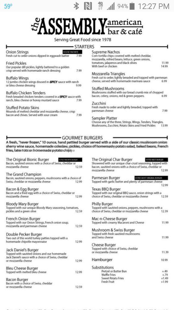 Menu at The Assembly American Bar & Cafe, Hoffman Estates