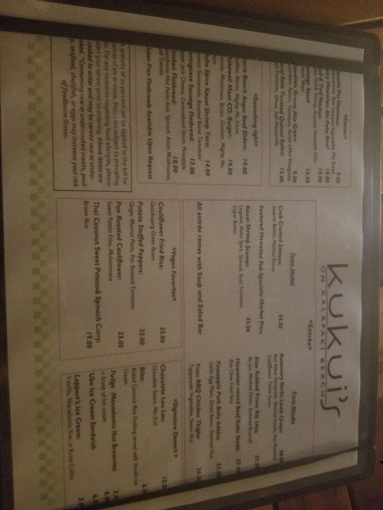 Menu at Kukui's on Kalapaki Beach restaurant, Lihue