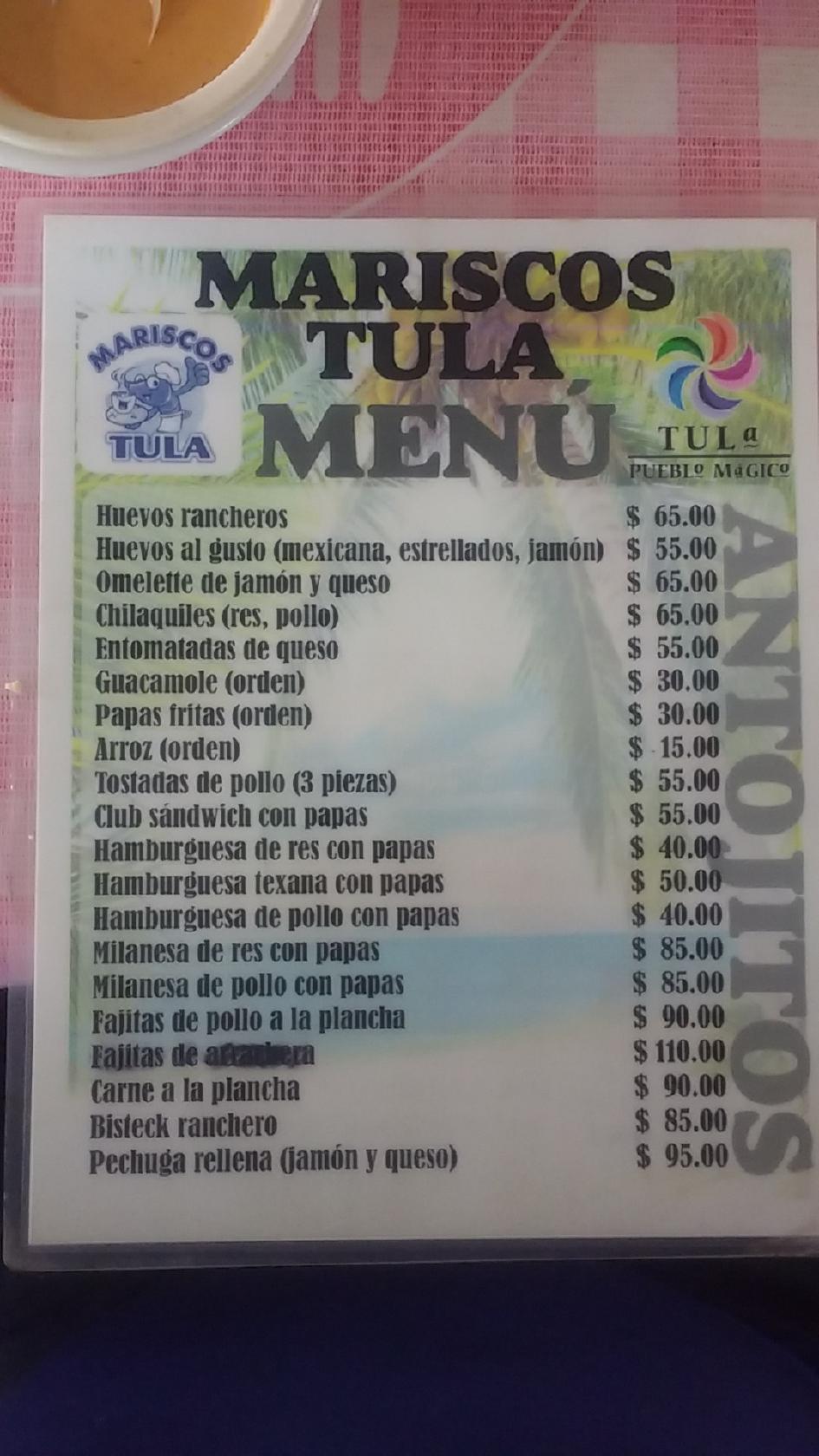 Menu at Mariscos TULA restaurant, Tula, Enrique Cárdenas Glz.