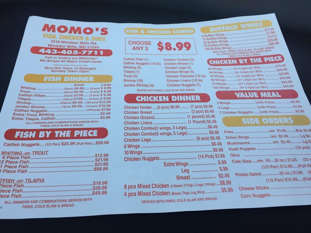 Menu at Momo's Fish And Chicken Subs steakhouse, Milford Mill