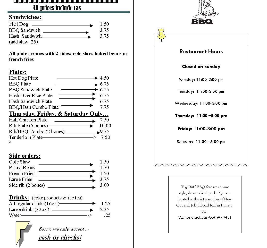 Menu at Pig Out BBQ, Wellford, New Cut Rd