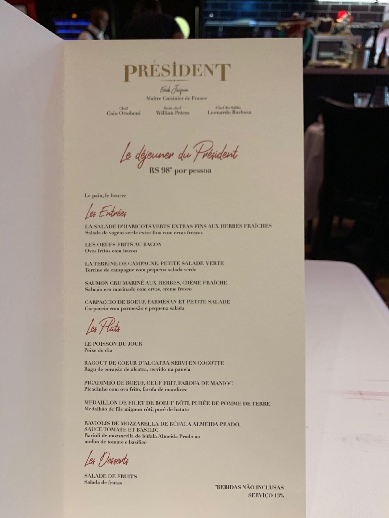 Menu at Restaurante Président - Chef Érick Jacquin, São Paulo