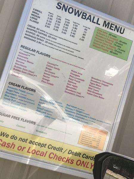 Menu at Snowball Factory fast food, New Iberia